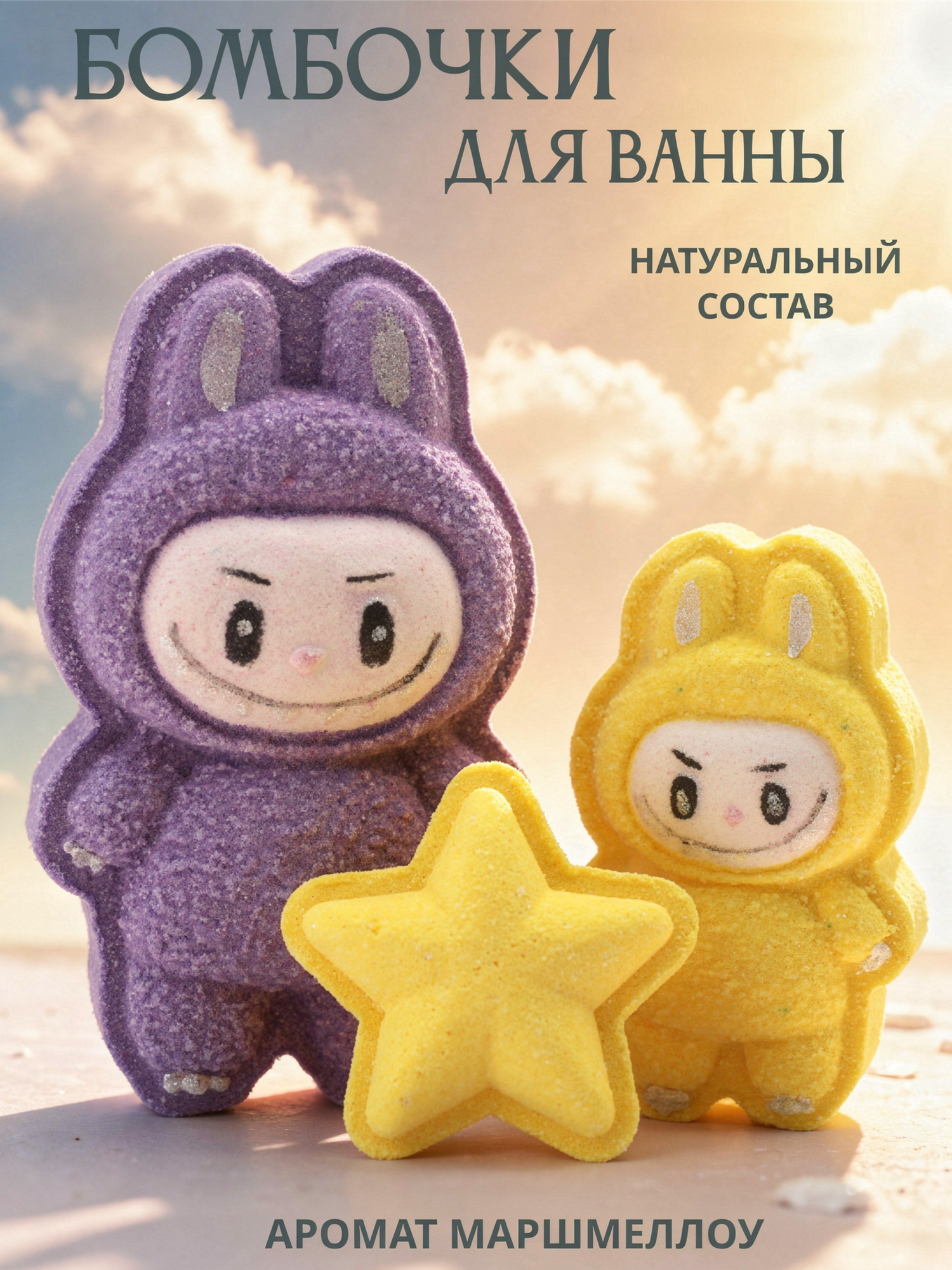 Бомбочки для ванной TOP8Home "Лабубу", 150 г, гипоаллергенные, Набор 3 шт. Фиолетовый