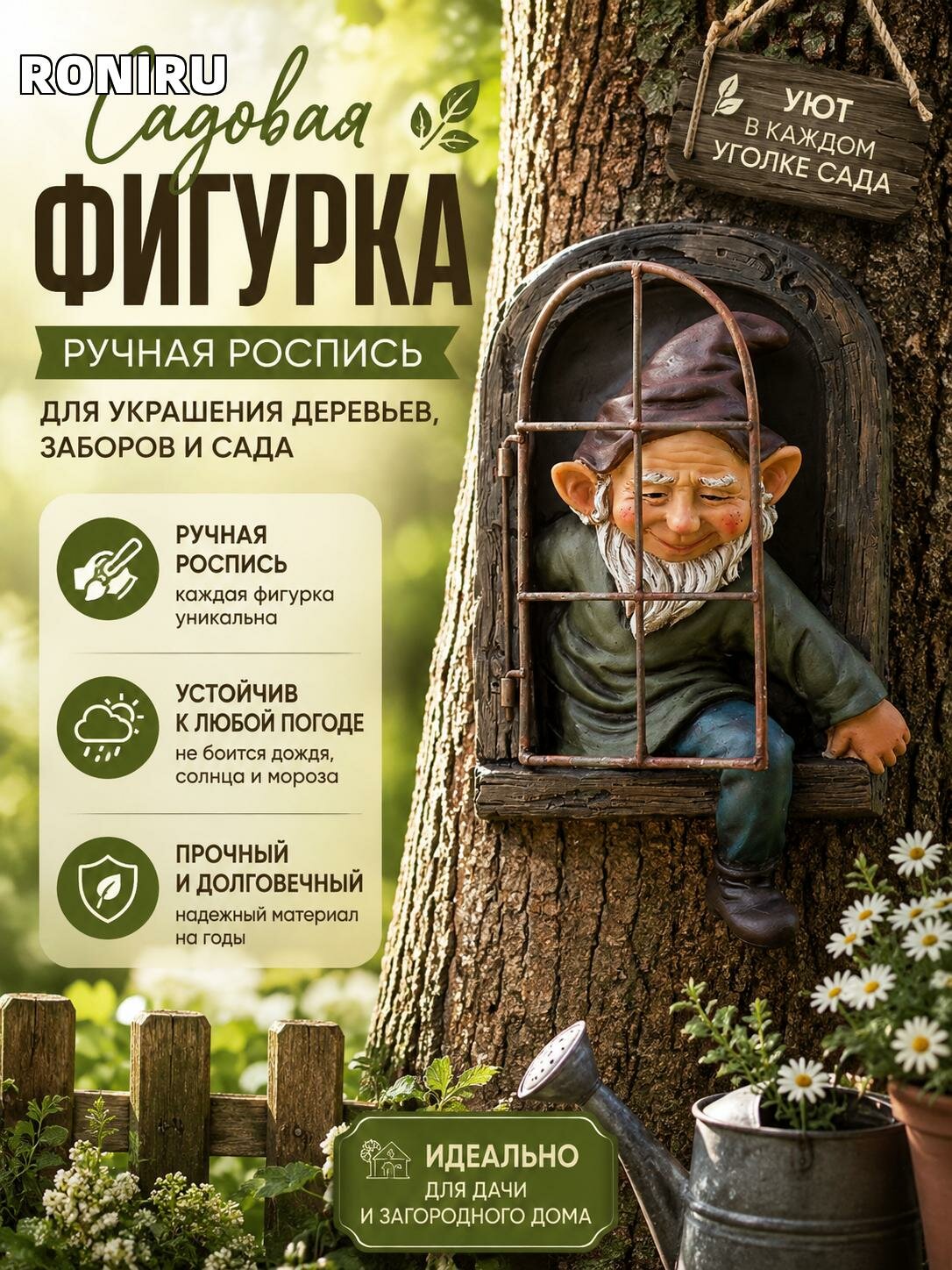 Садовая фигурка с ручной росписью для украшения деревьев и заборов — устойчивый декор для сада и дачи, создает уют
