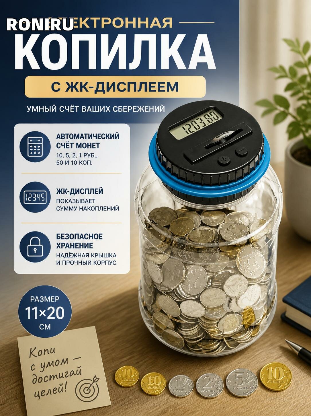 Электронная копилка с ЖК-дисплеем 11x20 см — автоматический счетчик монет 10, 5, 2, 1 руб, 50 и 10 коп. для дома