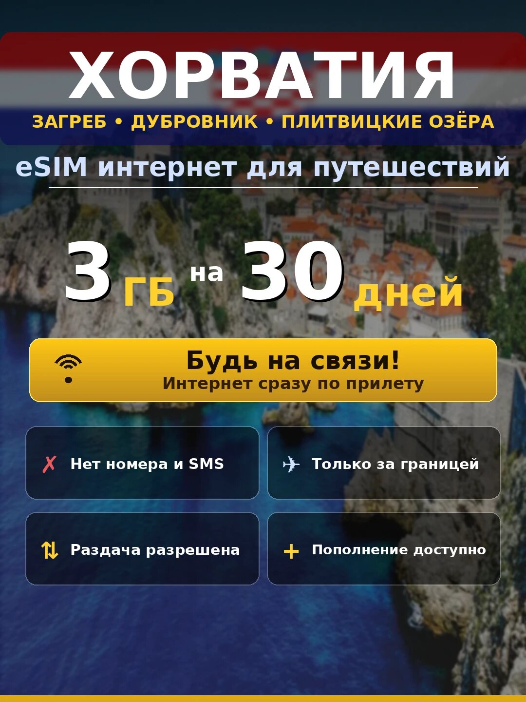 ESIM Хорватия — мобильный интернет 3 ГБ на 30 дней | виртуальная SIM-карта для путешествий
