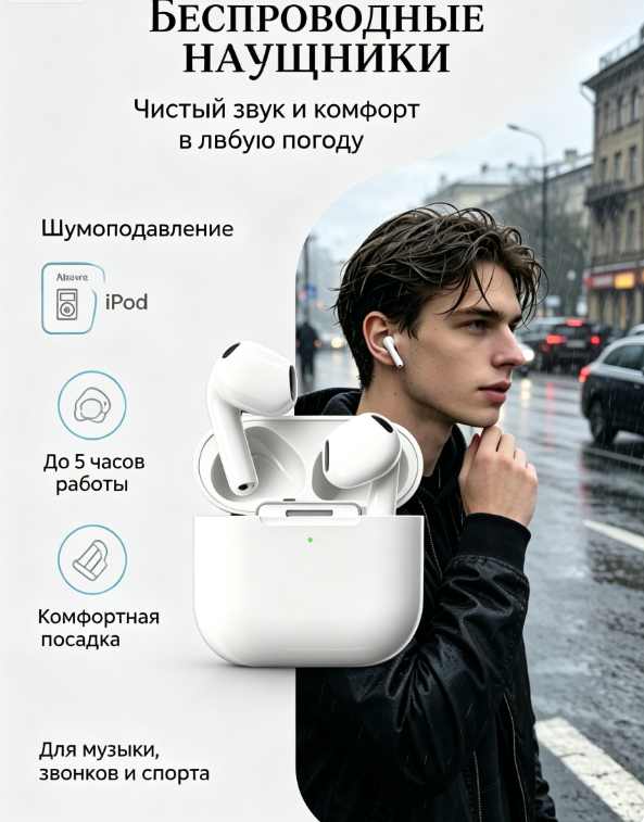 Беспроводные Bluetooth наушники AiPods 4, звуковой динамик 14,4 мм, защита IPX6, время работы 30 часов, быстрая зарядк