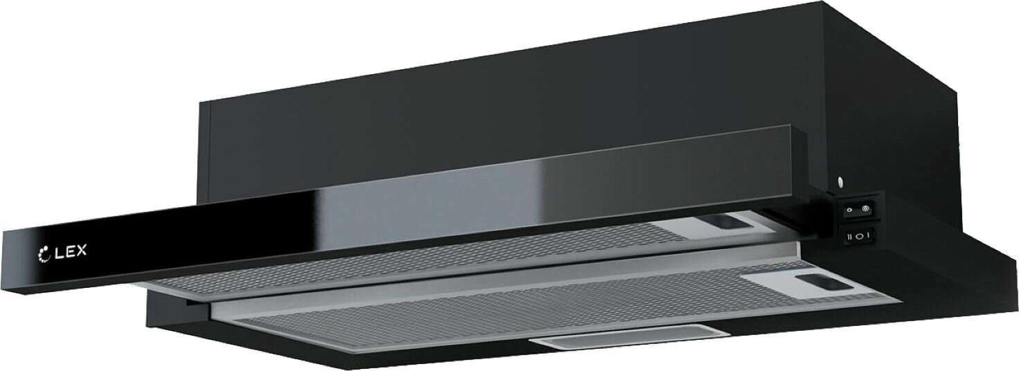 Вытяжка кухонная встраиваемая телескопическая LEX / Лекс HIDE G 600 BLACK металл/стекло черная с клавишным управлением 2 скорости уровень шума 32-42дБ 550м3/ч / вытяжная система вентиляции