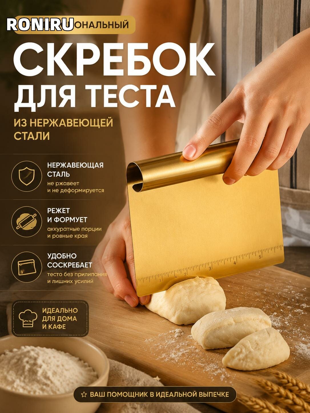 Скребок для теста из нержавеющей стали — кухонный инструмент для резки, формования и соскабливания теста при выпечке дома и в кафе