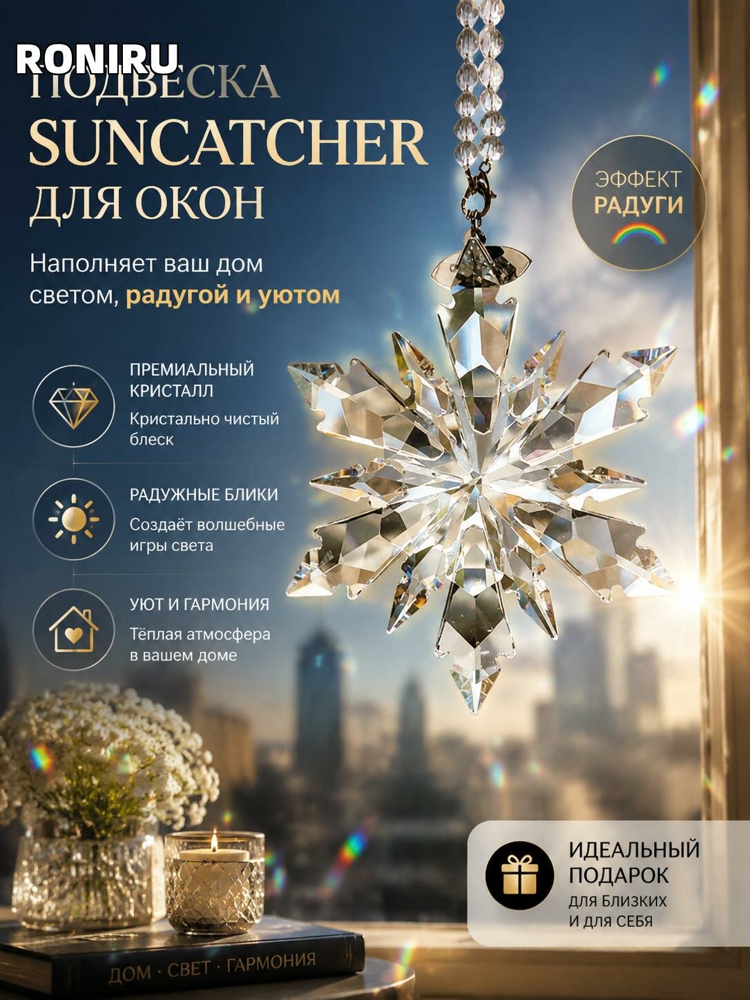 Подвеска Suncatcher для окон — кристаллическая декорация, создаёт радужные блики и тёплую уютную атмосферу в доме