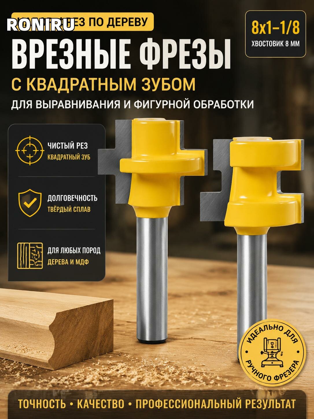 Набор фрез по дереву для ручного фрезера - врезная фреза с квадратным зубом для выравнивания и фигурной обработки