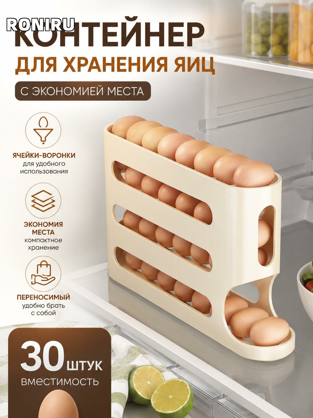 Контейнер для хранения яиц в холодильнике на 30 штук — органайзер с ячейками-воронками, экономия места, переносимый