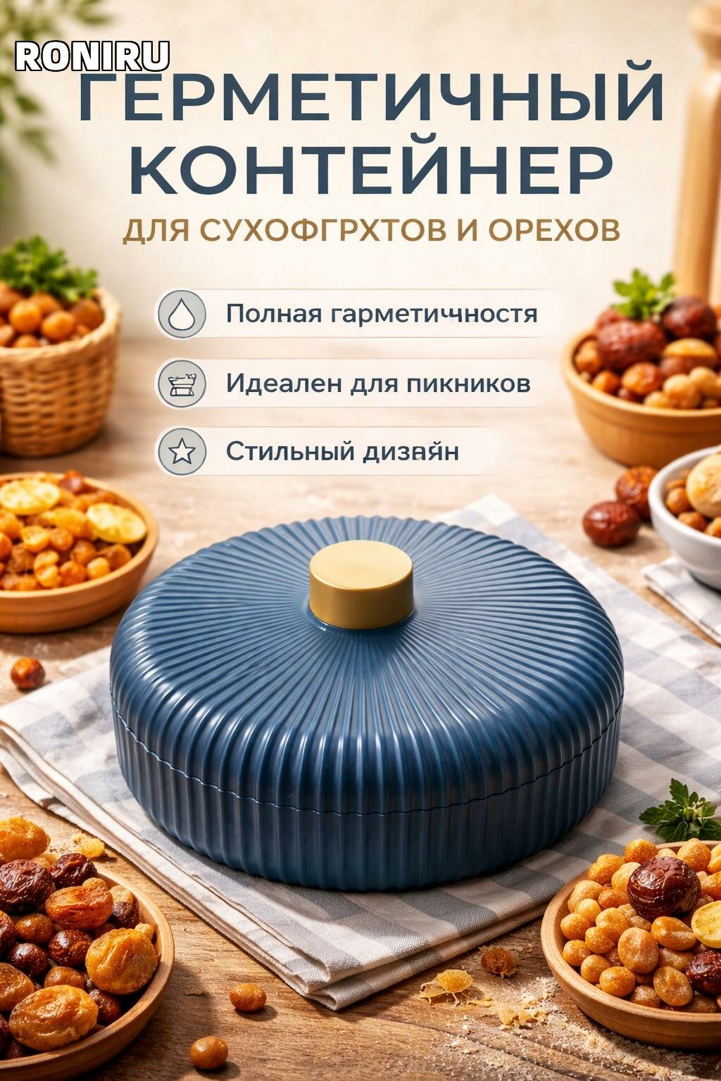 Пластиковый контейнер с герметичной крышкой для хранения сухофруктов и орехов — ящик для перекусов дома, на пикнике