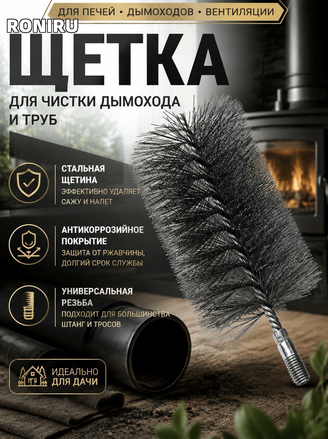 Щетка для чистки дымохода и труб со стальной щетиной и антикоррозийным покрытием — для печей и вентиляции, для дачи