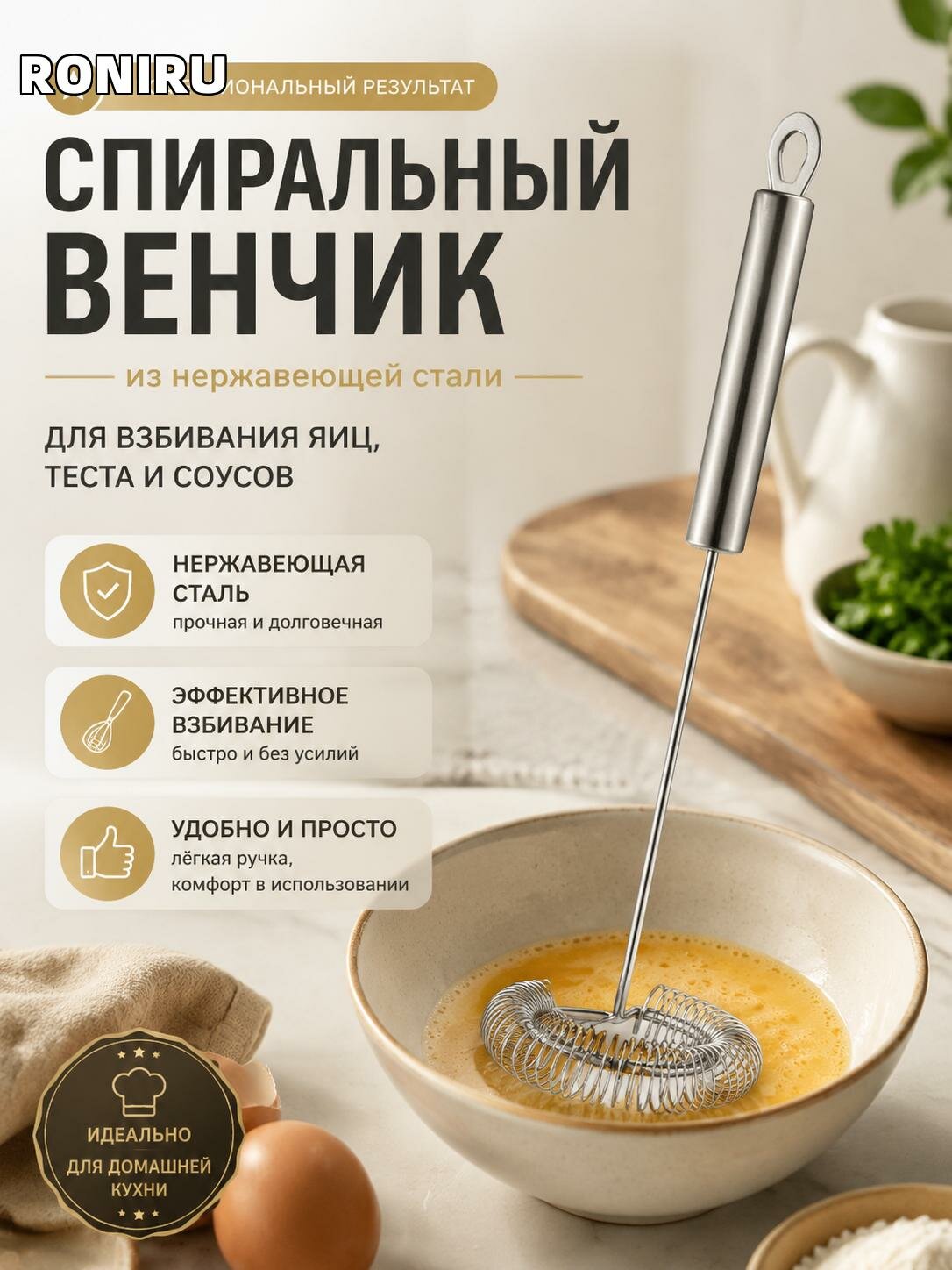 Спиральный венчик для взбивания из нержавеющей стали — ручной венчик для яиц, теста и соусов на домашней кухне