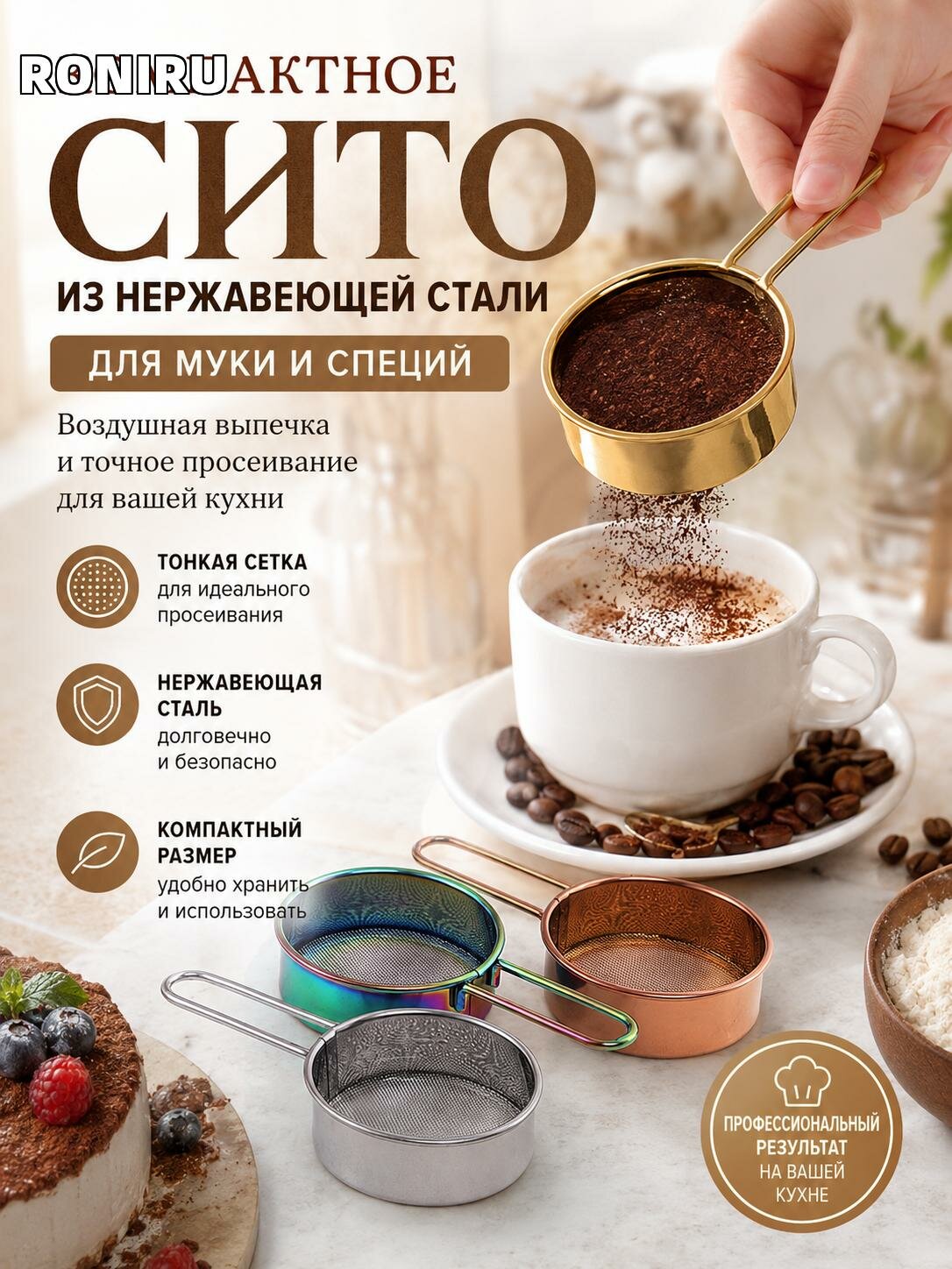 Компактное сито из нержавеющей стали для муки и специй — для воздушной выпечки и точного просеивания для кухни