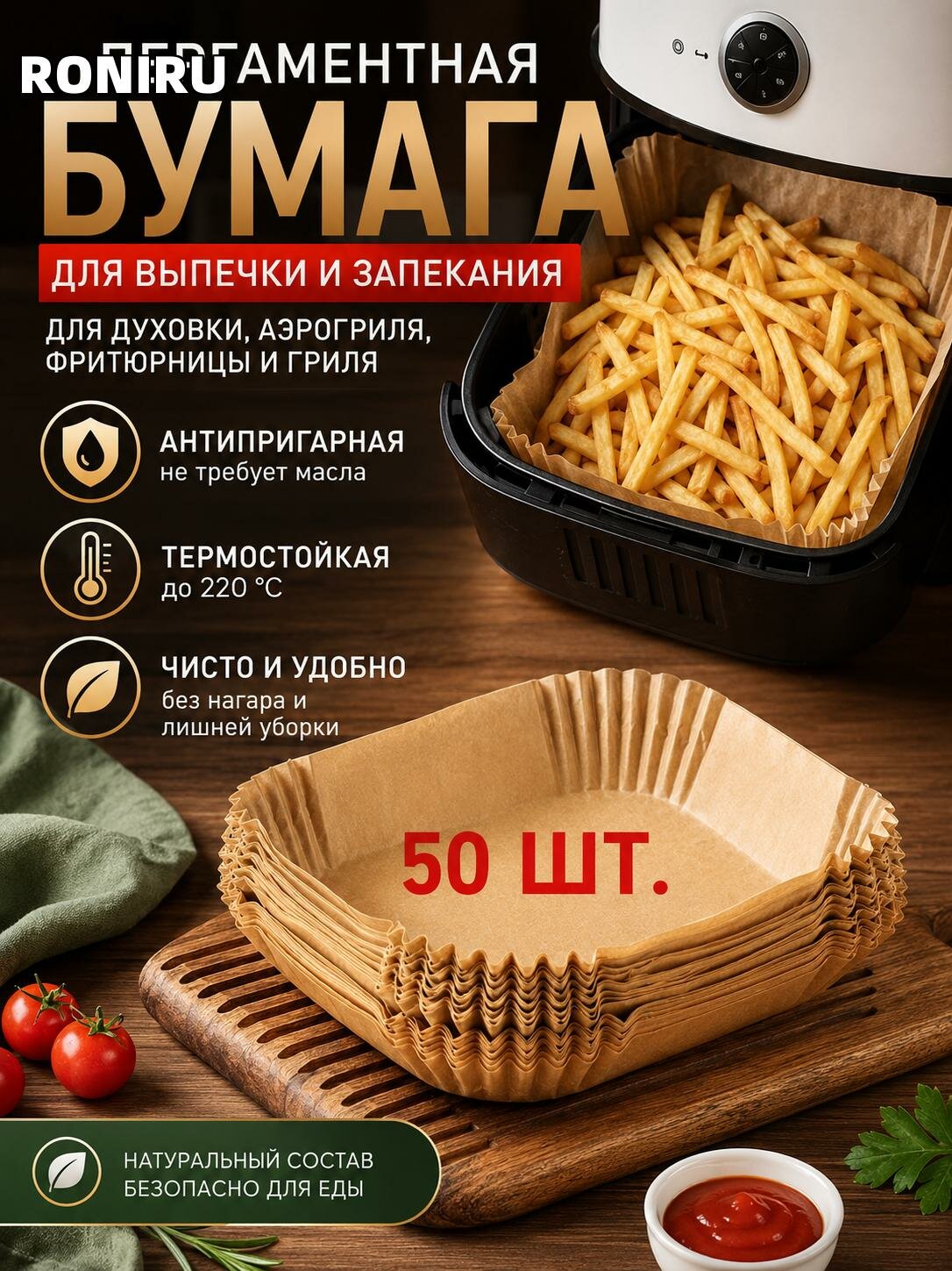 Пергаментная бумага для выпечки антипригарная термостойкая для духовки, аэрогриля, фритюрницы и гриля и запекания