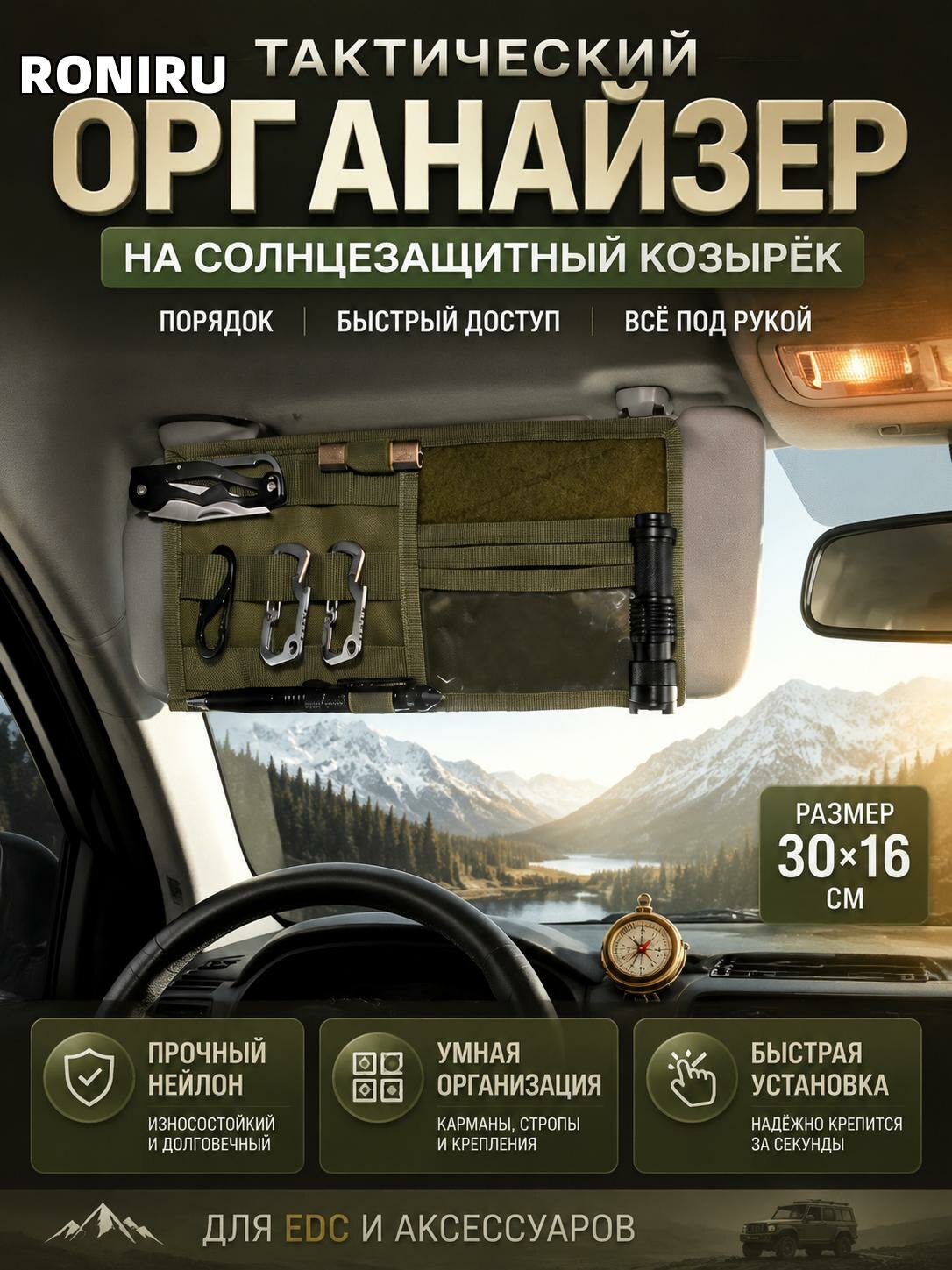 Панель-органайзер для автомобильного солнцезащитного козырька, нейлон 30x16 см для хранения EDC и аксессуаров