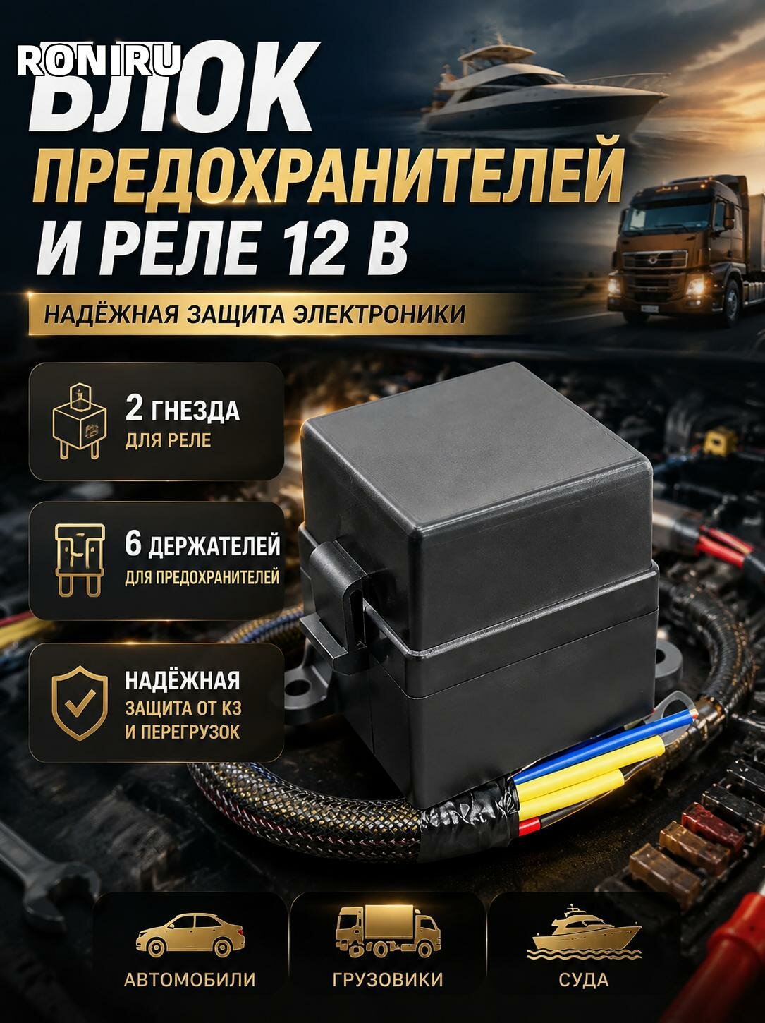 Блок предохранителей и реле 12 В, компактная релейная коробка с 2 гнездами для реле и 6 держателями предохранителей для авто, грузовиков и судов