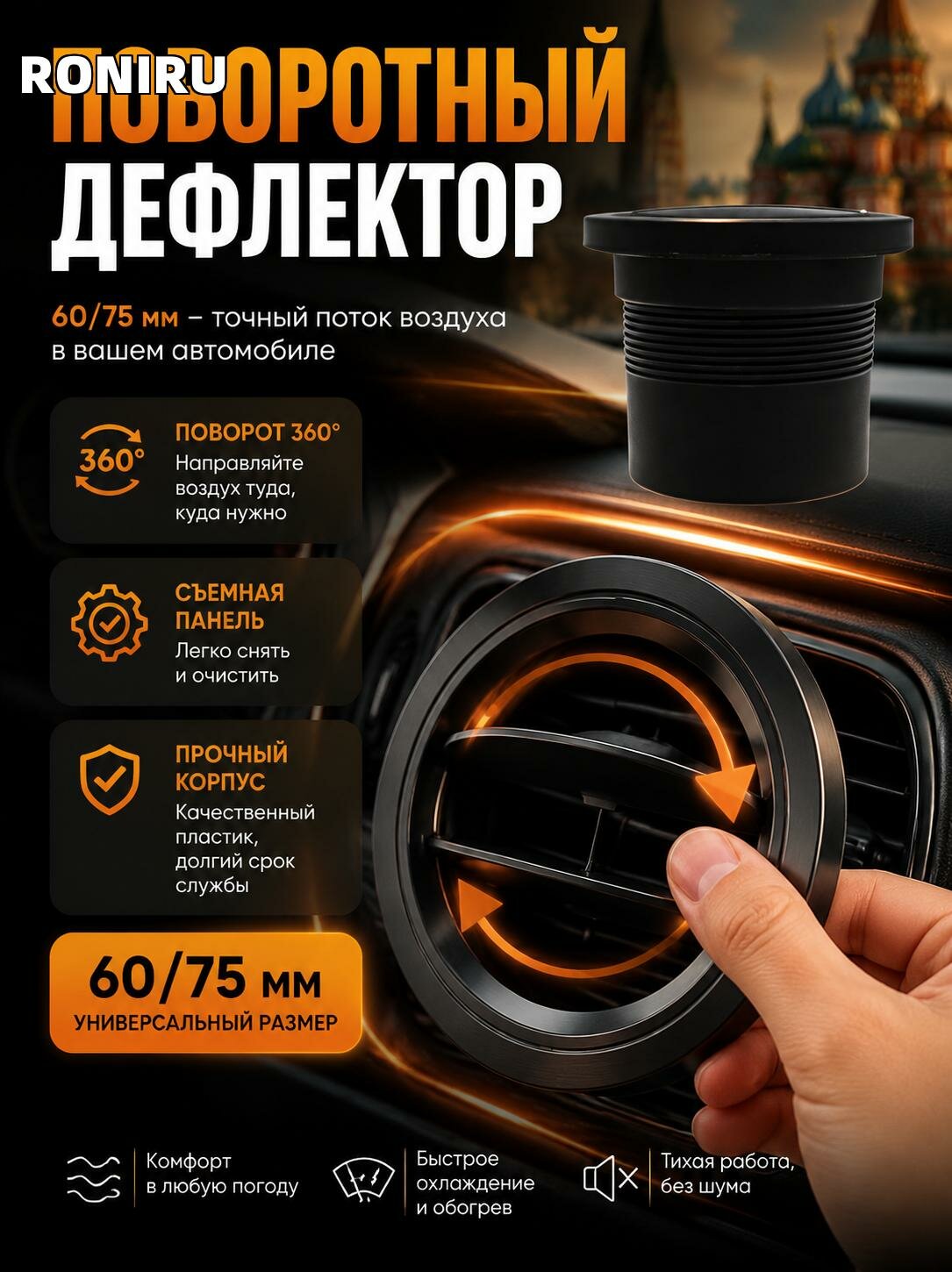 Поворотный дефлектор 60/75 мм, вращающееся воздуховыпускное отверстие для обогревателей и кондиционеров с съемной передней панелью, черный пластиковый корпус
