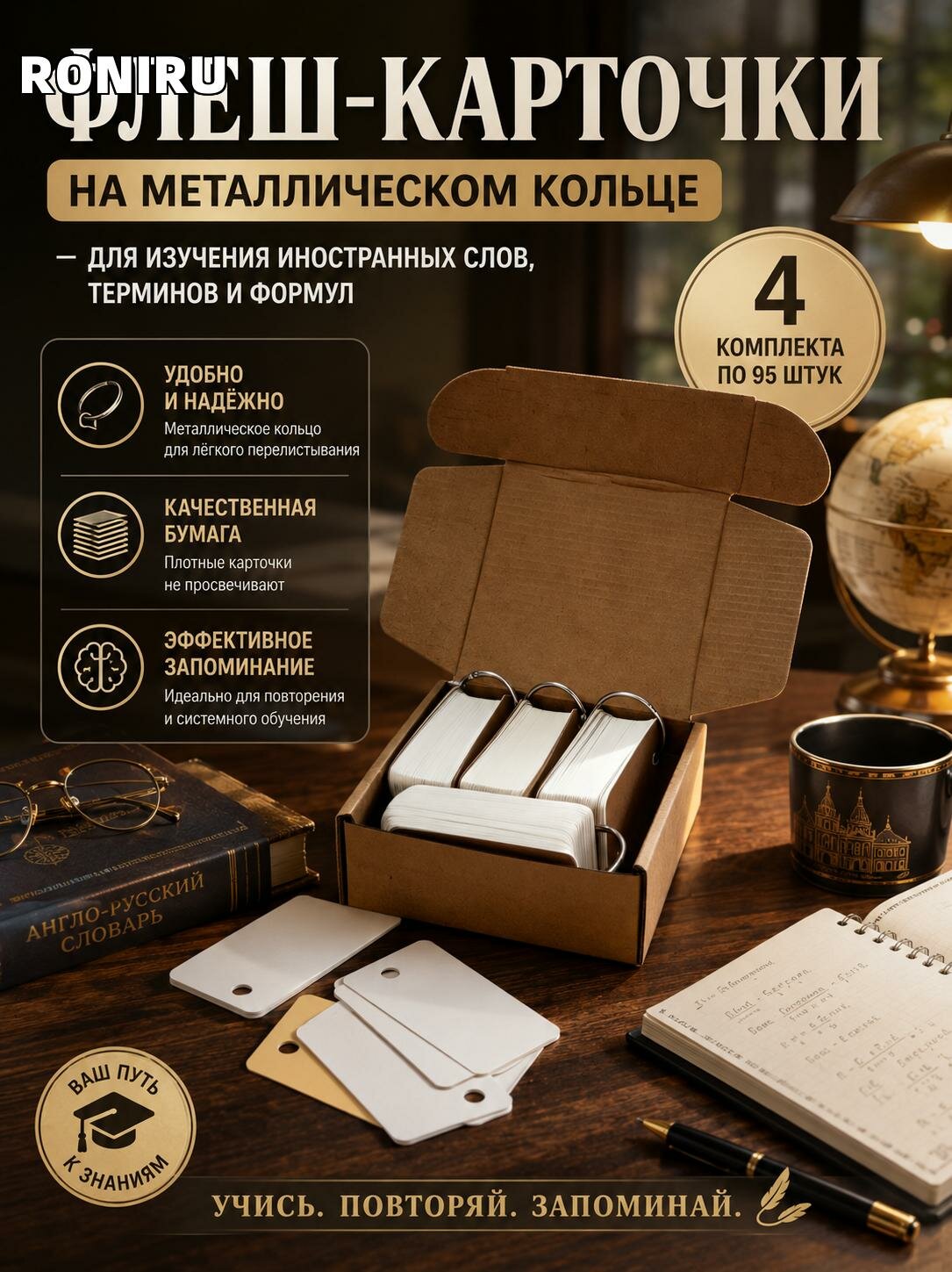 Флеш-карточки на металлическом кольце, бумажные для изучения иностранных слов, терминов и формул — 4 комплекта по 95 штук для запоминания и повторения