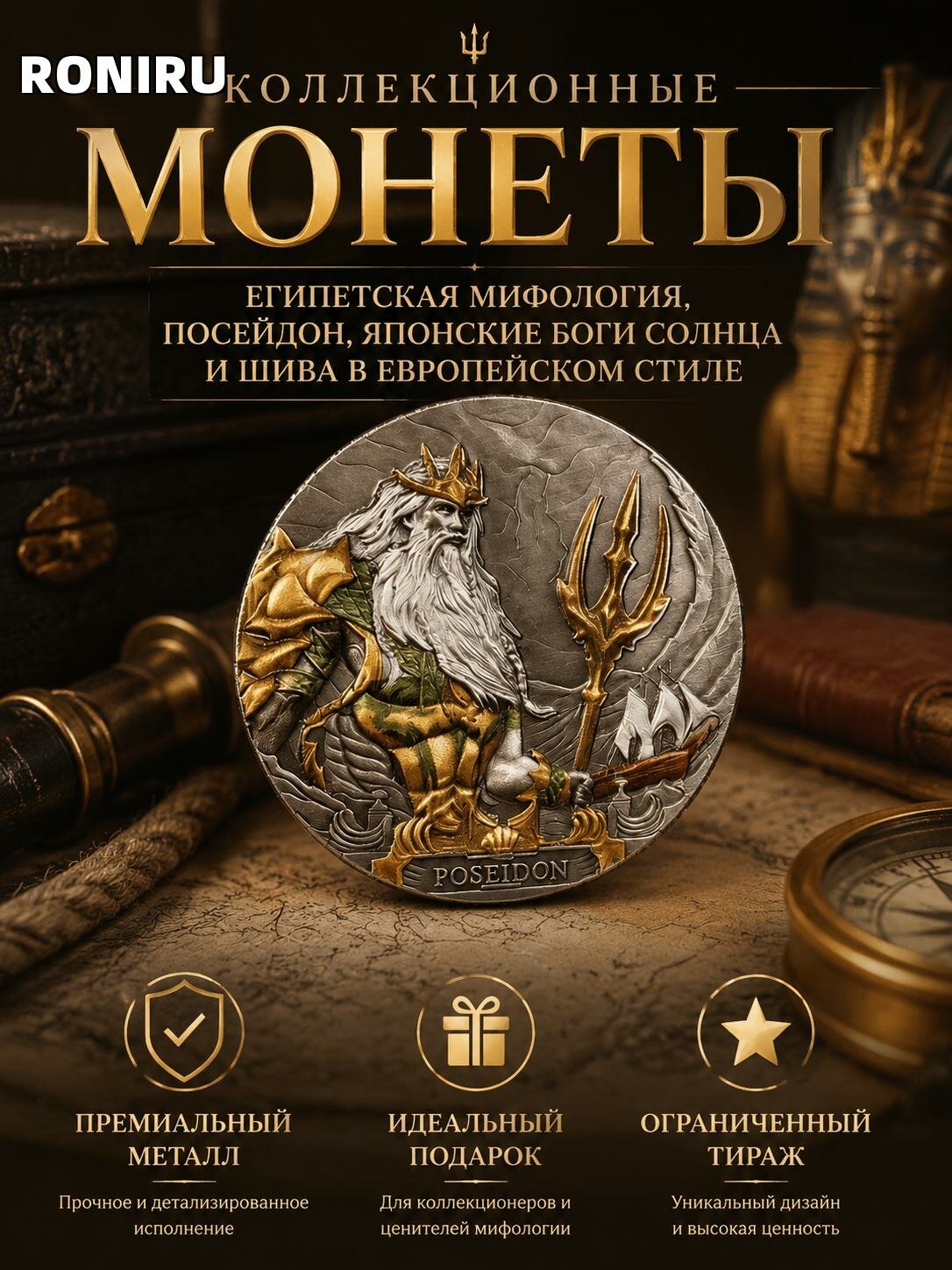 Коллекционные металлические монеты, с мотивами египетской мифологии, изображением Посейдона и богов солнца Японии и Шивы в европейском народном стиле