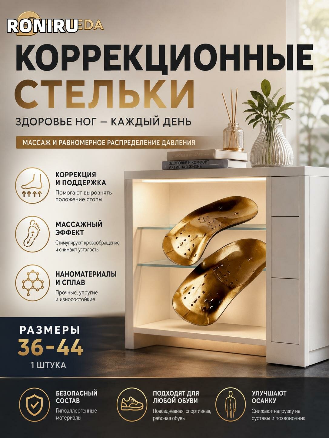 WHIEDA коррекционные стельки для обуви, массаж и равномерное распределение давления, наноматериалы и особый сплав, размерный ряд 36-44, 1 шт