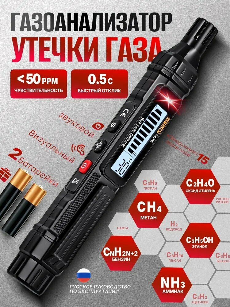 Газоанализатор утечки газа датчик утечки газа бытового со звуковым и визуальным сигналом, метан, пропан, пропан, бутан, сжиженный газ, в комплекте 2 батареи