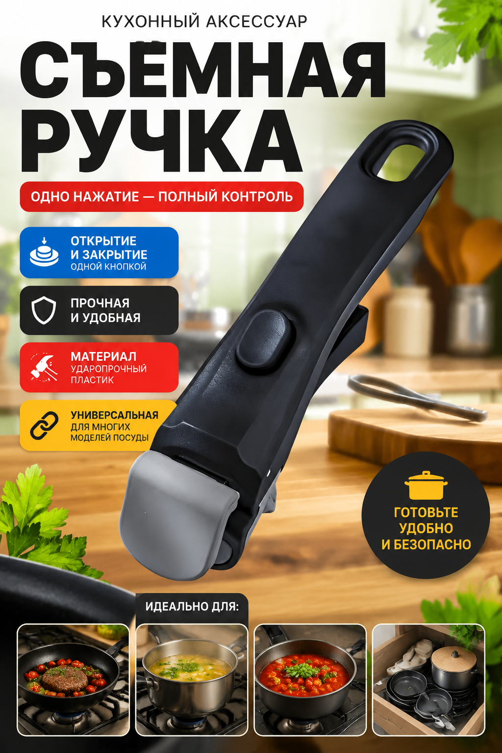 Съёмная ручка универсальная, клипсовая с кнопкой, из ударопрочного пластика, прочная и удобная для кухни