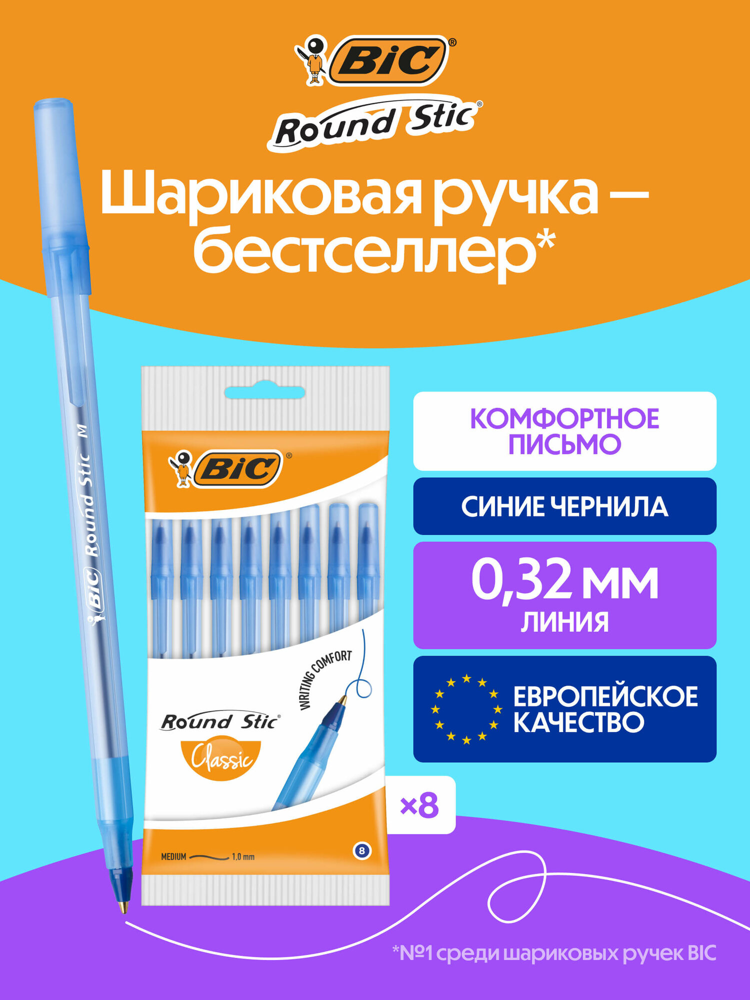 Шариковая ручка BIC классическая круглый корпус синяя, упаковка 8 шт
