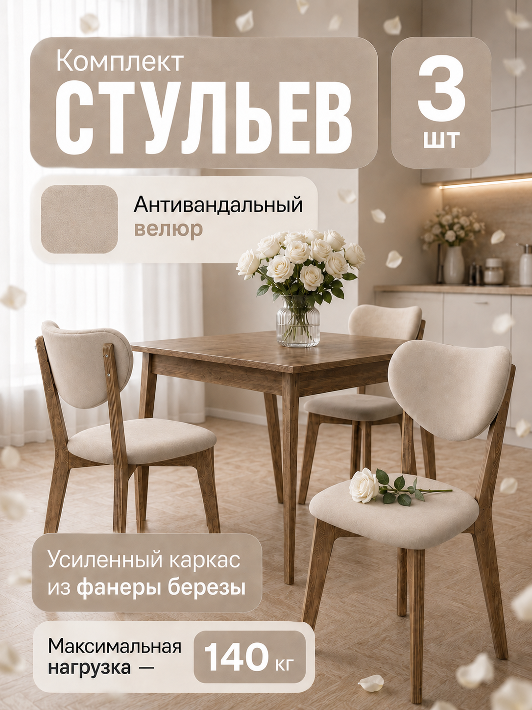 Стулья для кухни 3 шт со спинкой мягкие велюр деревянные