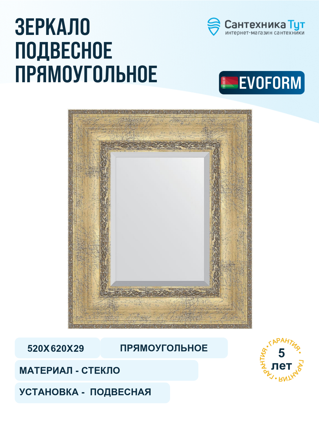 Зеркало Evoform Exclusive 62х52 BY 3376 с фацетом в багетной раме - Состаренное серебро с орнаментом 120 мм