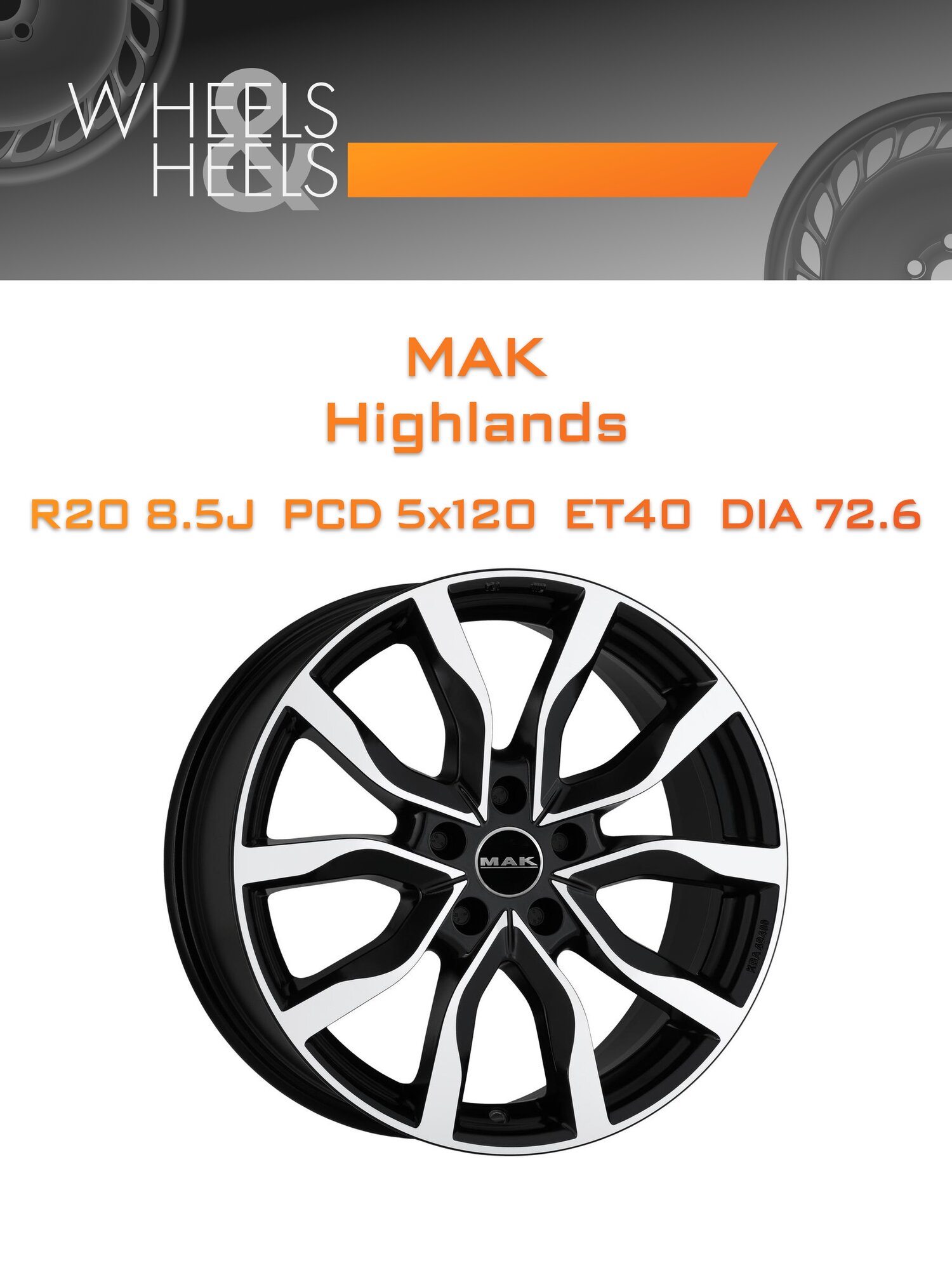 Диск автомобильный литой MAK Highlands 20x8.5 5x120 et40 dia72.6 Чёрный глянцевый с полированной лицевой частью