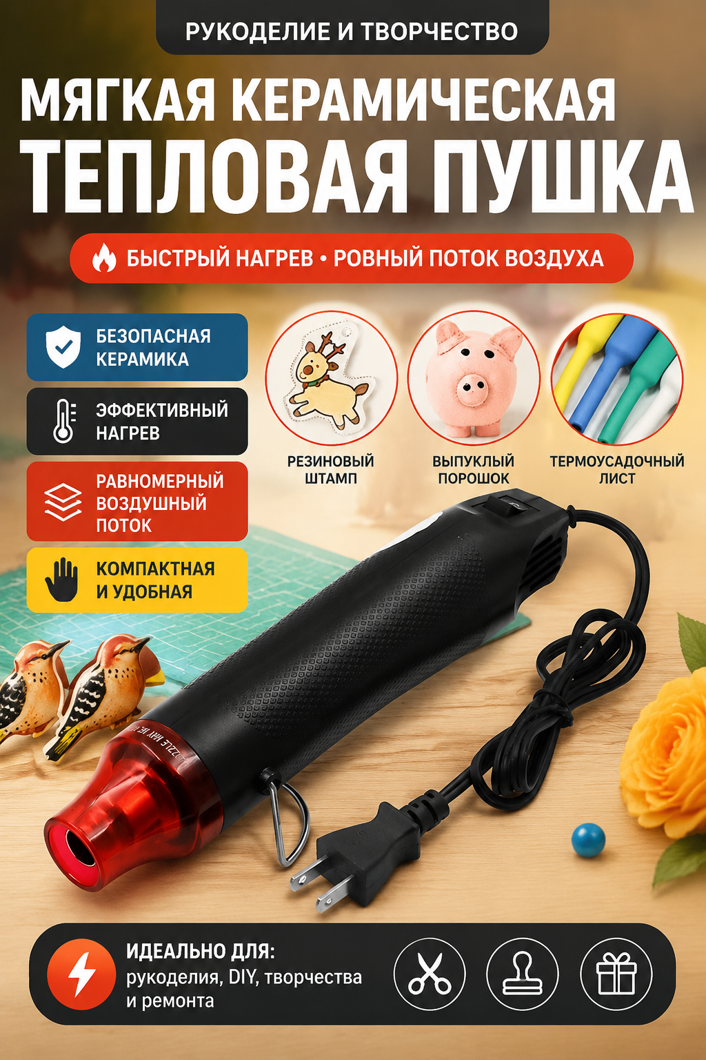 Тепловая пушка мягкая керамическая черная с выключателем и кабелем для термоусадки и DIY творчества