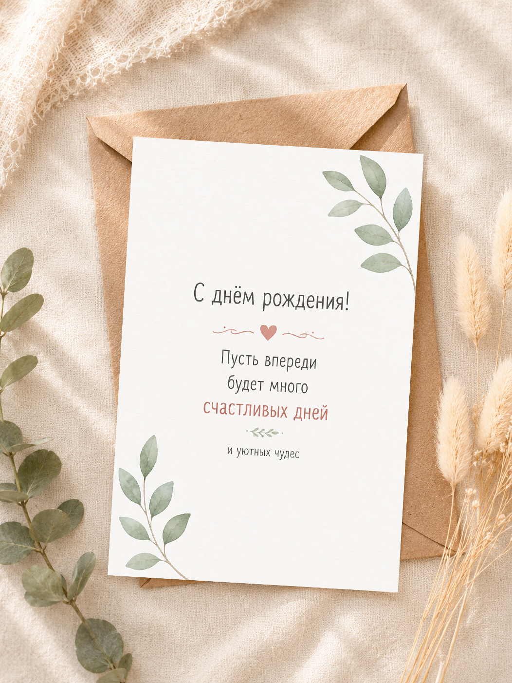 Открытка «С днём рождения» с листьями, поздравительная A6 10×15 см с крафт-конвертом