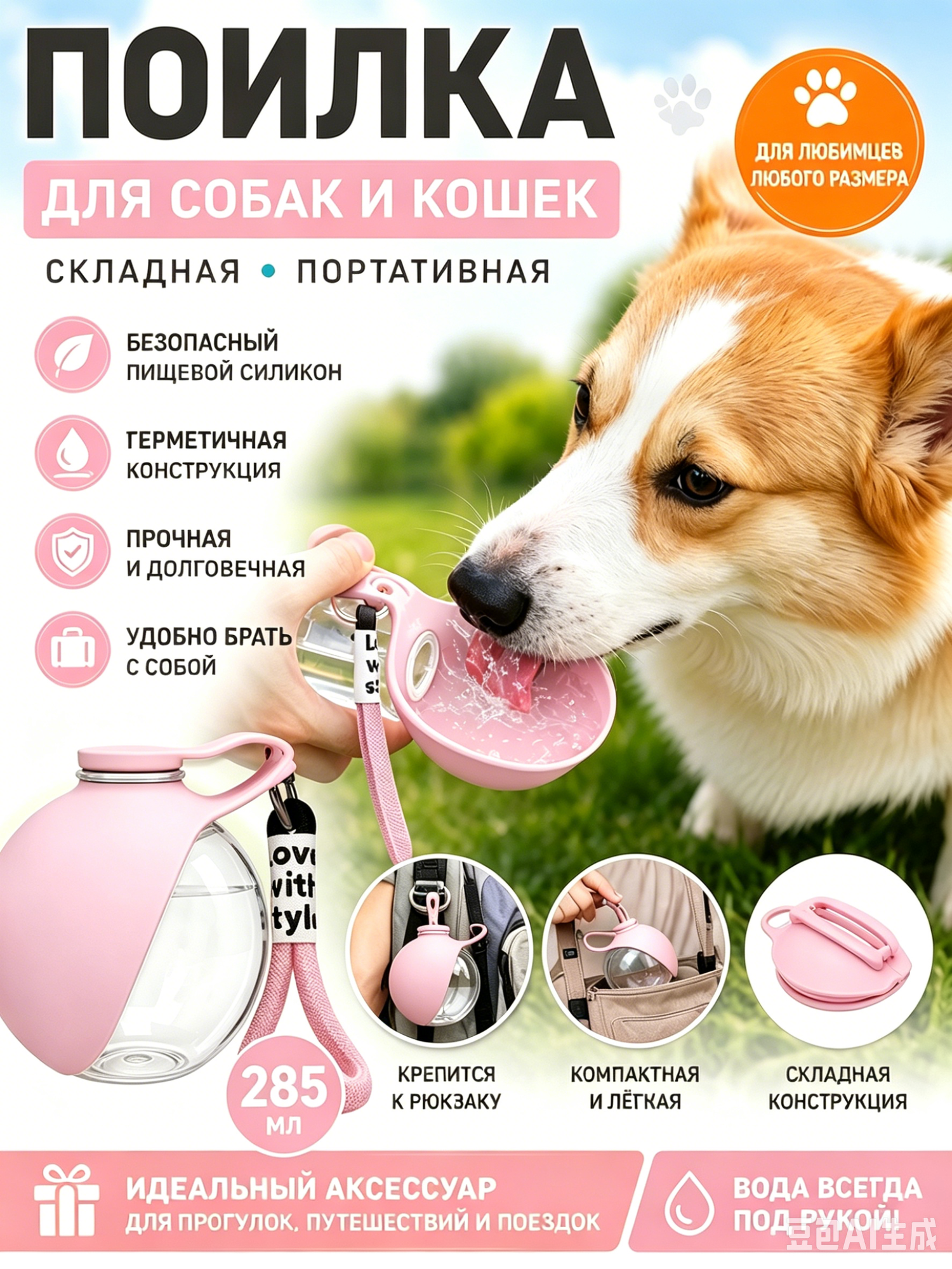 Поилка для собак и кошек складная силиконовая дорожная бутылка для воды, портативная поилка для прогулок и путешествий
