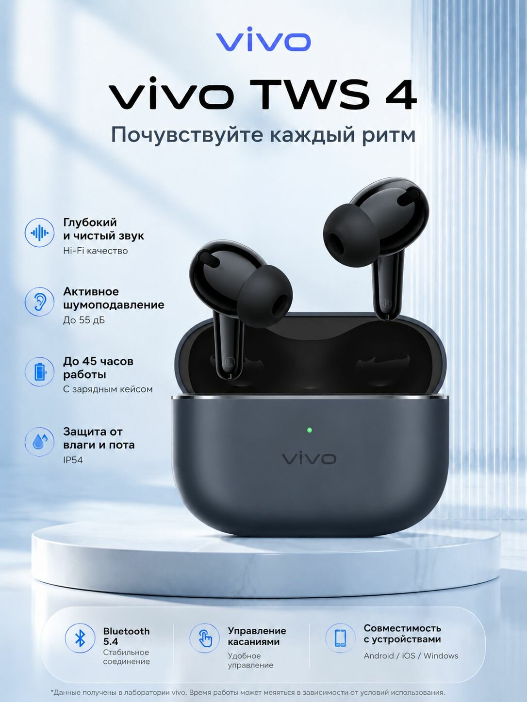 Vivo Наушники беспроводные TWS 4 Bluetooth 55dB ANC LDAC 45 часов IP54 белый