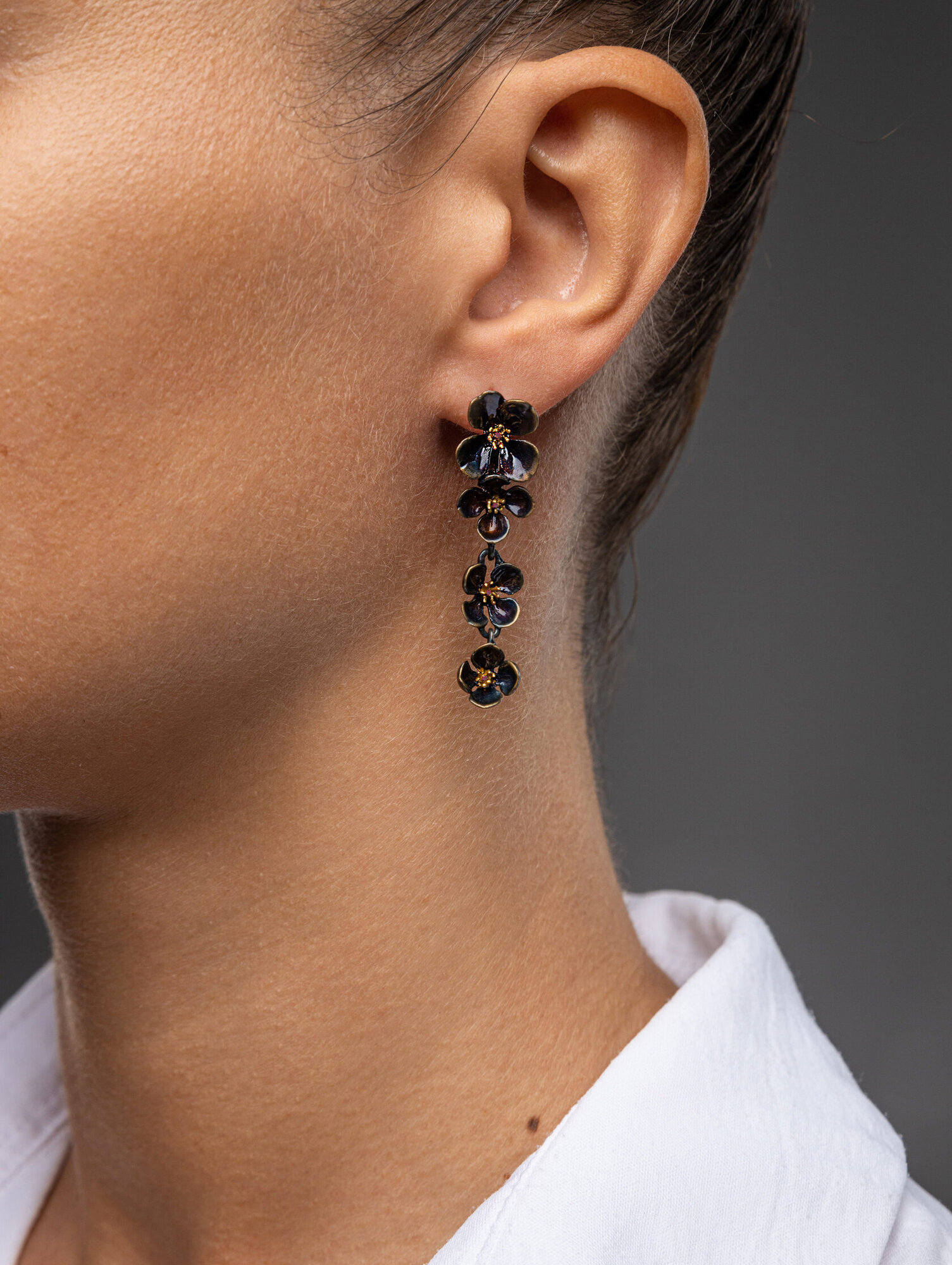 Серьги двусторонние, серебро, 925 проба, золочение, рубин синтетический