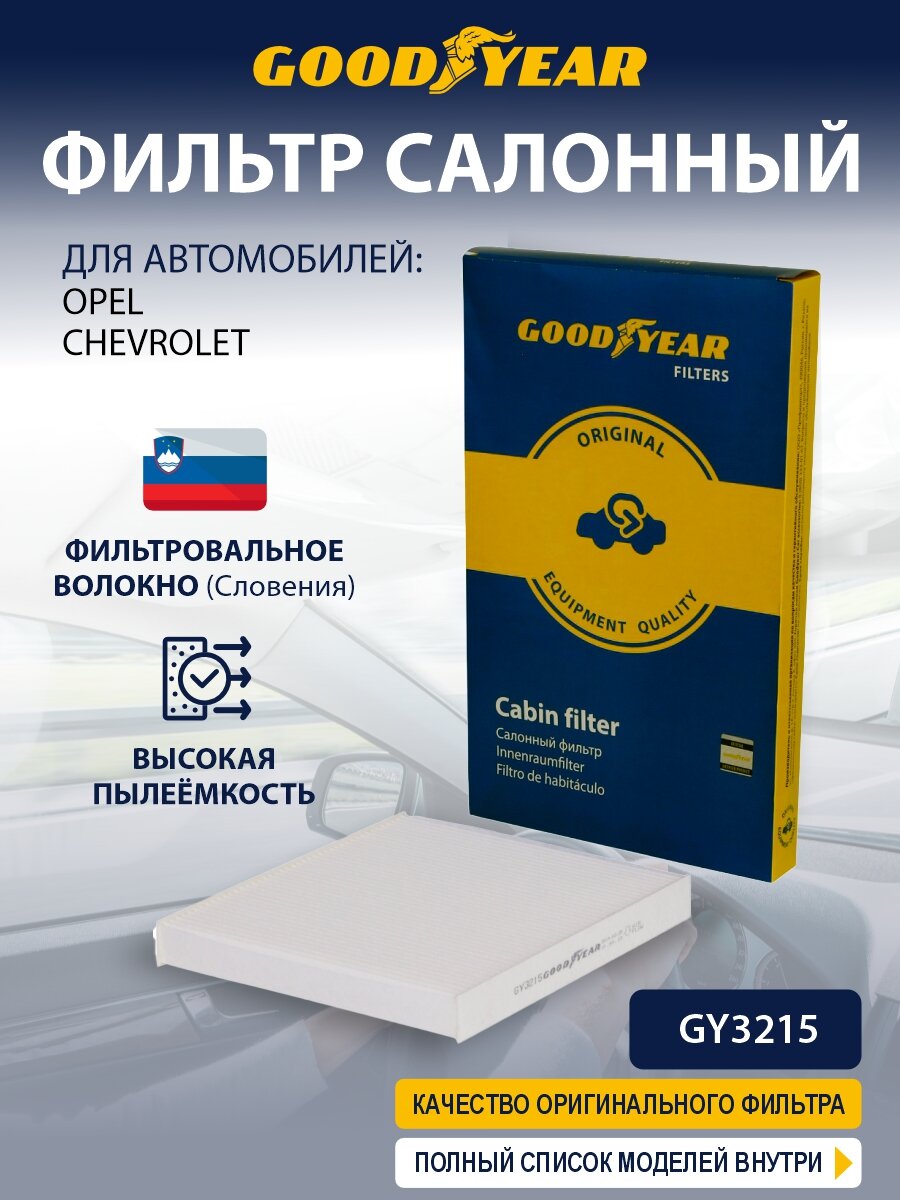 Фильтр салонный автомобильный Goodyear GY3215 для OPEL: ASTRA G / CABRIO / COUPE ASTRA II , ZAFIRA A, B