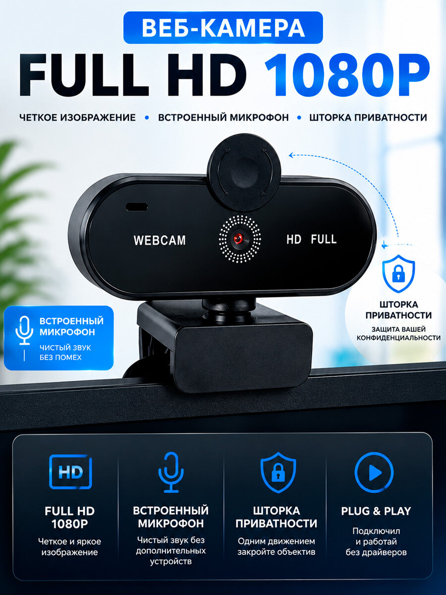 Веб-камера Full HD 1080P USB со встроенным микрофоном и шторкой приватности