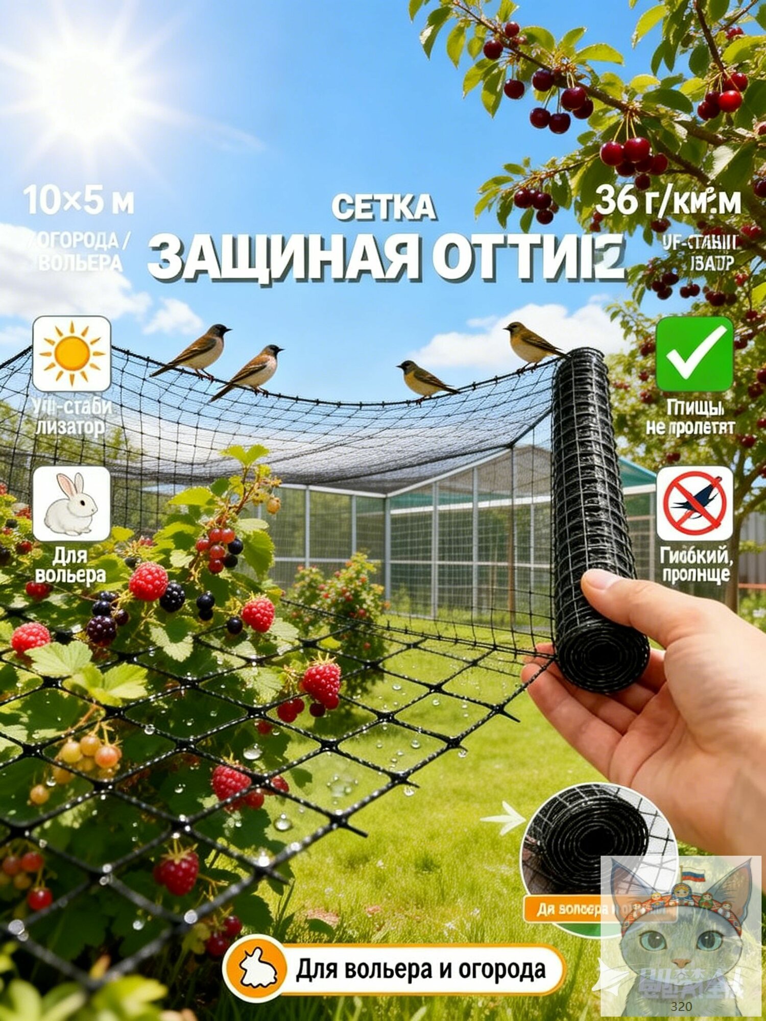 Сетка садовая защитная от птиц полиэтилен 10х5 м, для ограждения и вольера