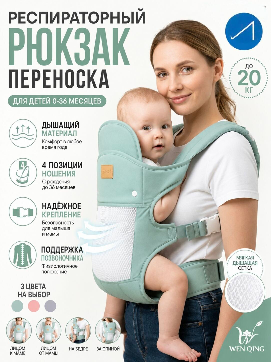 Эргорюкзак кенгуру 4 в 1 мятный для новорожденных от 0 месяцев . Слинг-переноска для малышей , Рюкзак-переноска детский эргономичный слингорюкзак для грудничков