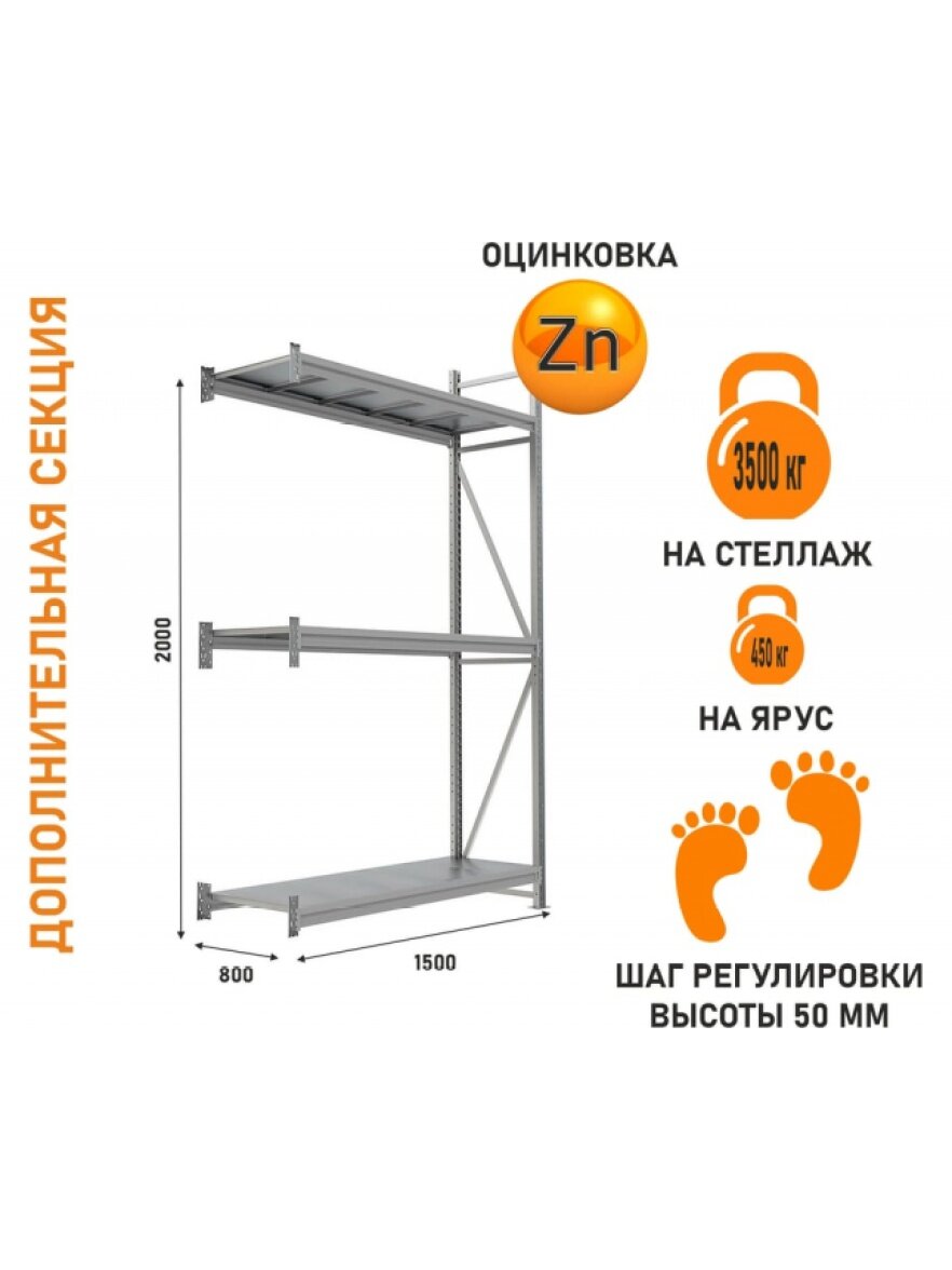 Дополнительная секция Ironmebel Optimus Pro h-2000 Zn, 3 яруса 1500х800 M-ДСГР20001500800ОЦ3