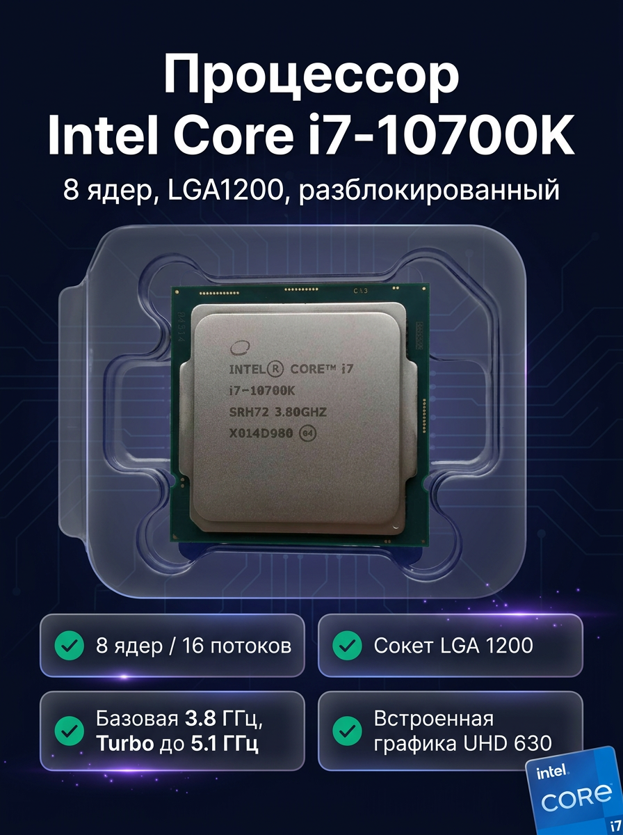 Процессор Intel Core i7-10700K BX8070110700K, 8 ядер, 16 потоков, 3.8 ГГц, LGA 1200