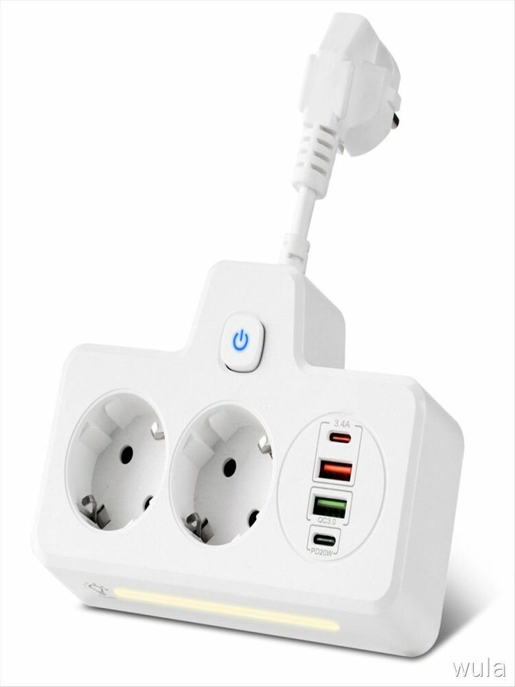 Удлинитель с розетками欧式, Wula, 2 розетки + 4 USB порта, PD QC3.0 3.4A, LED подсветка, с выключателем, для дома и офиса
