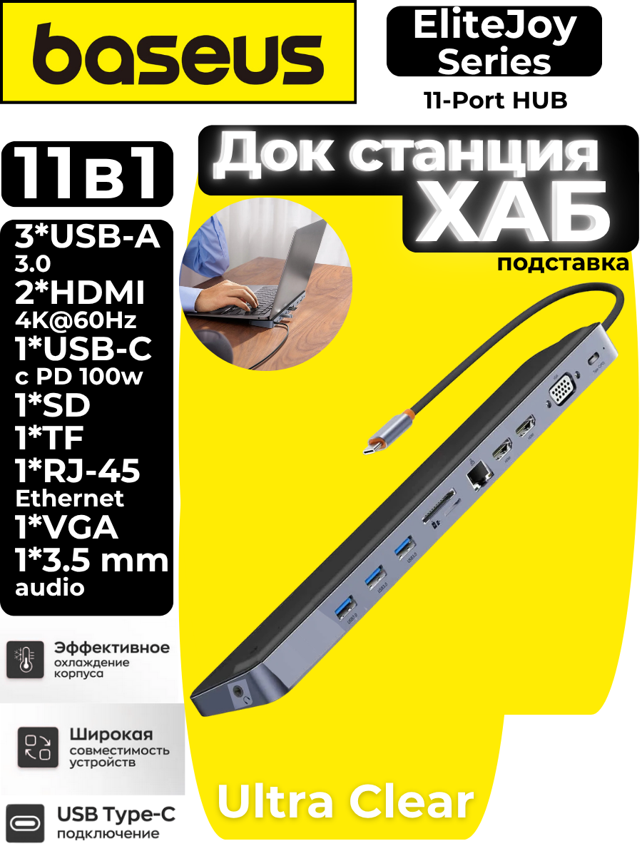 USB разветвитель Хаб подставка Baseus EliteJoy 11-в-1 USB-C/USB Концентратор / USB-Хаб / 2 HDMI, PD 100W
