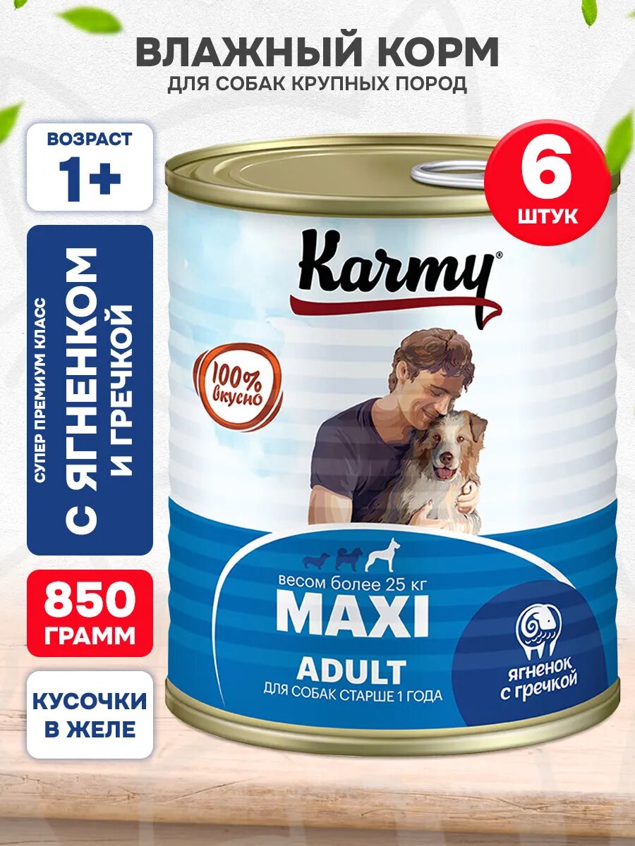 Корм влажный Karmy Maxi Adult для взрослых собак крупных пород, ягненок и гречка, 850 г х 6 шт