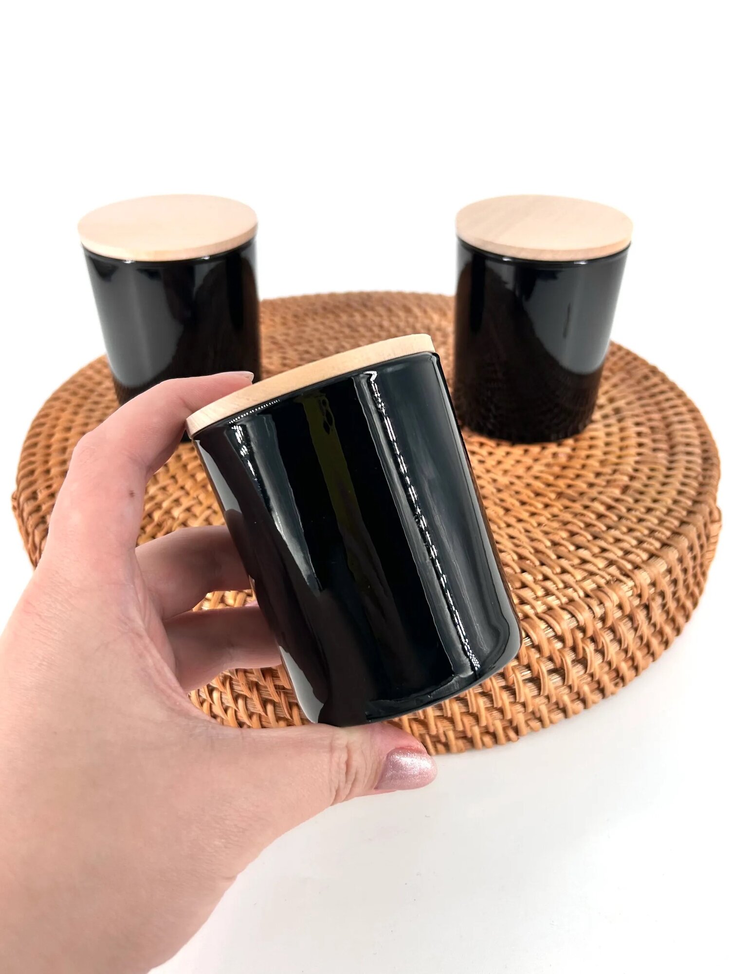 The Wick Стакан 190 мл черный глянцевый с крышкой из массива дерева, 3 шт