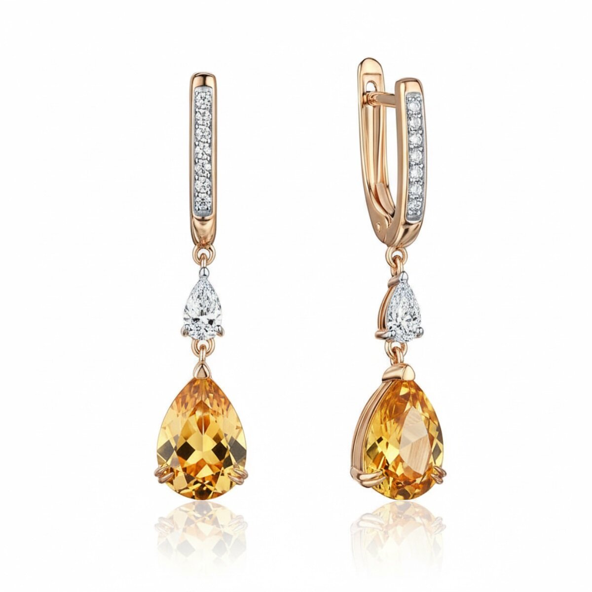Серьги, золото, 585 проба, цитрин, фианит