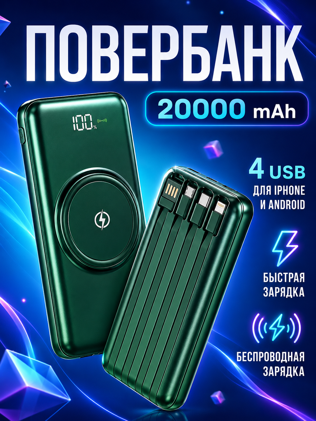 Power Bank 20000 mAh, Внешний аккумулятор повербанк с беспроводной зарядкой, Пауэрбанк для смартфонов зеленый