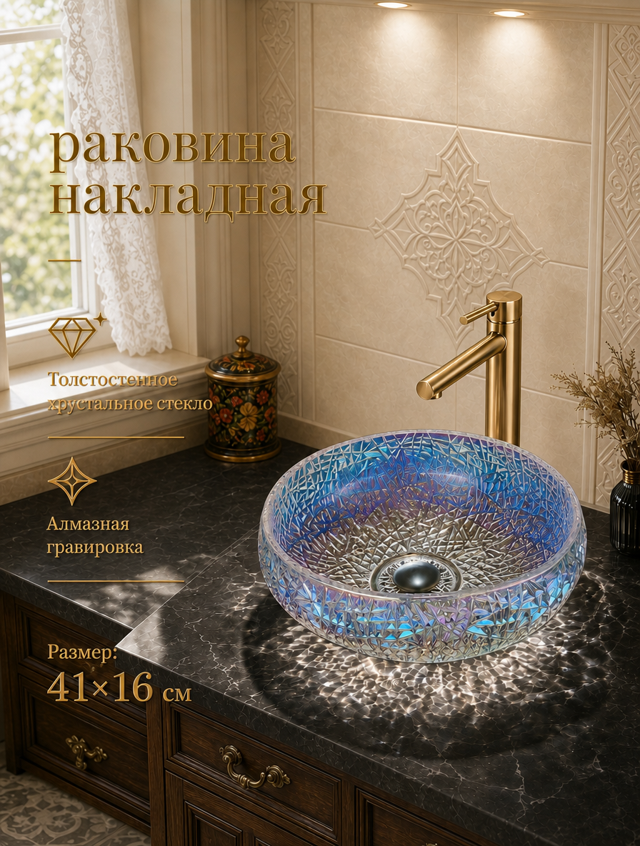 Накладная арт-раковина из закаленного хрустального стекла, размеры 41×16 см, комплектующие не поставляются в комплекте.