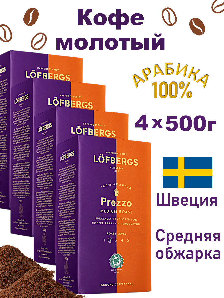 Кофе натуральный молотый LOFBERGS PREZZO, арабика 100%, 4х500г