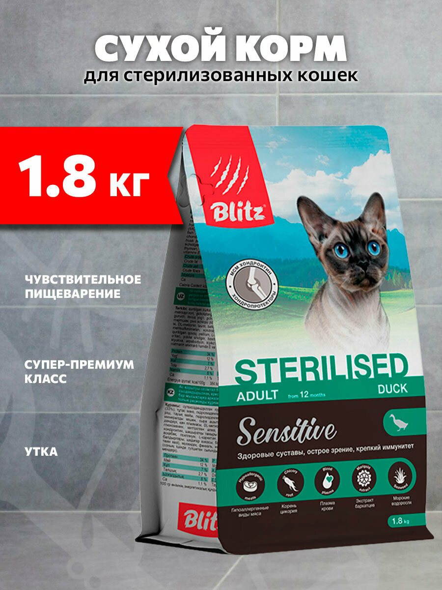 Корм сухой Blitz Sensitive Adult Cat Sterilized Duck для взрослых кастрированных котов и стерилизованных кошек с избыточным весом всех пород с чувствительным пищеварением утка, 1,8 кг