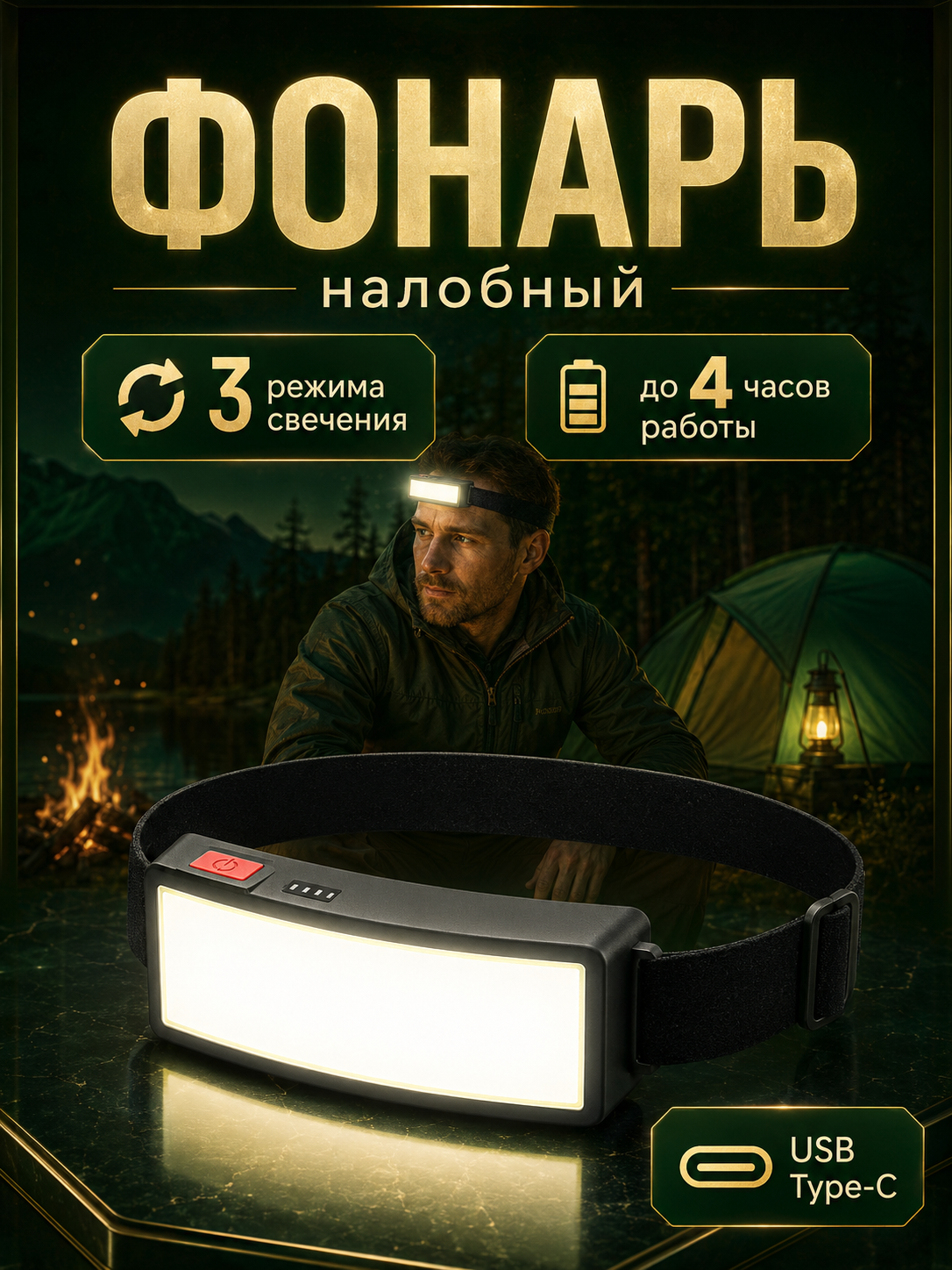 Фонарь налобный светодиодный, Фонарик аккумуляторный для рыбалки, Охоты, Туризма, Черный