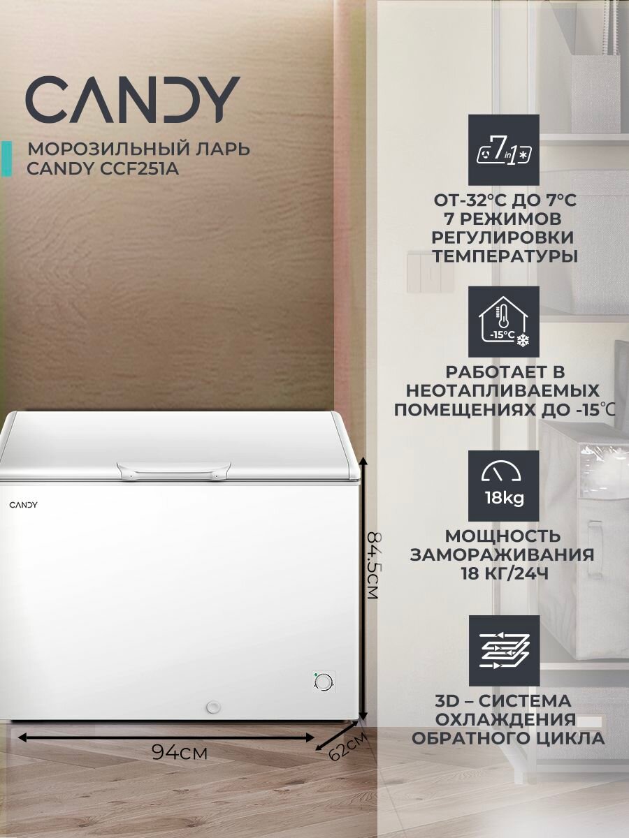 Морозильный ларь Candy CCF251A, горизонтальный, Объём 251 л, гарантия 4 года, для неотапливаемых помещений, тихий 35 дБ, переключение мороз и холод, с корзиной, белый — фото 1