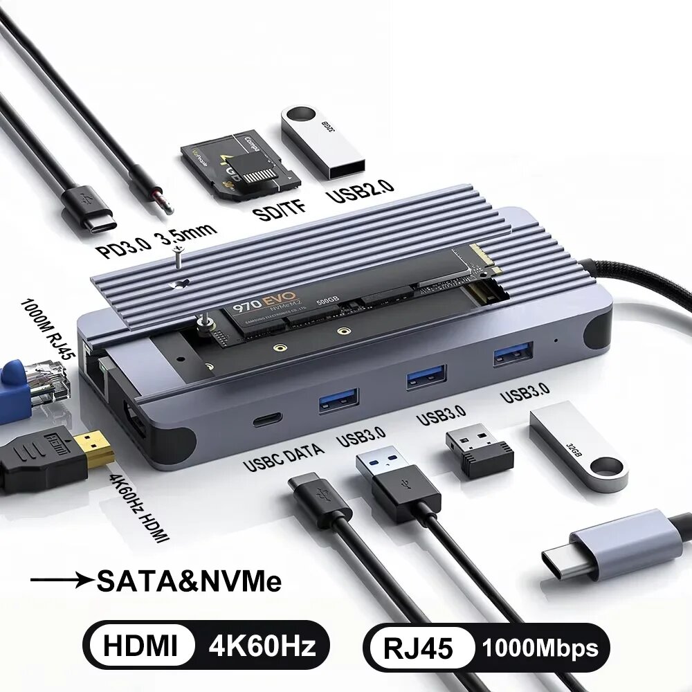 KEBIDUMEI 12-в-1 USB-C док-станция с M.2 SSD